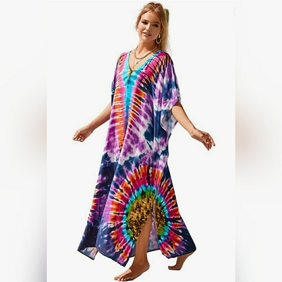 Swim | Plus Size Vneck Rainbow Ethnic Print Kaftan Batw | Poshmark